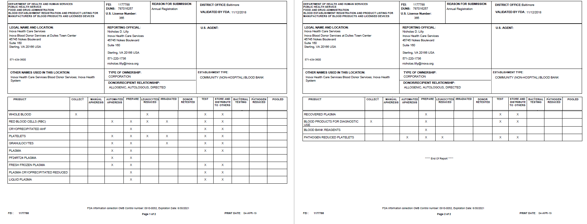 FDA License Valid through 2021 Both Pages - Inova Blood Donor Services